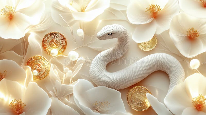 Elegant White Snake Surrounded by White Flowers and Golden Coins Stock ...