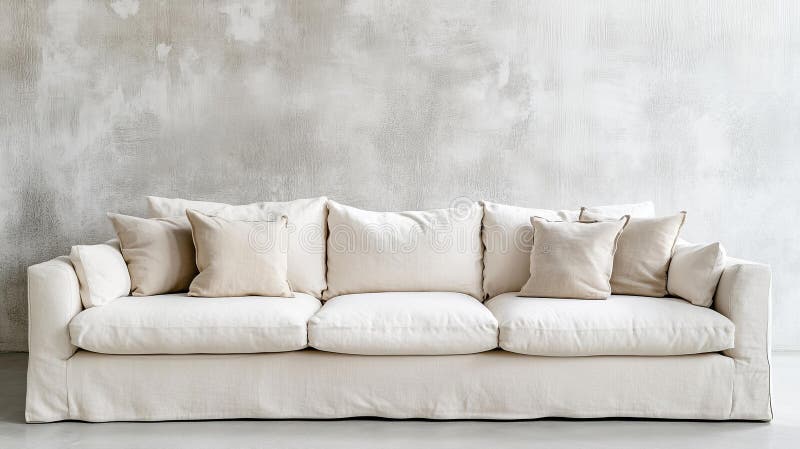 Elegant White Sofa with Cushions & Textured Wall Backdrop Stock ...
