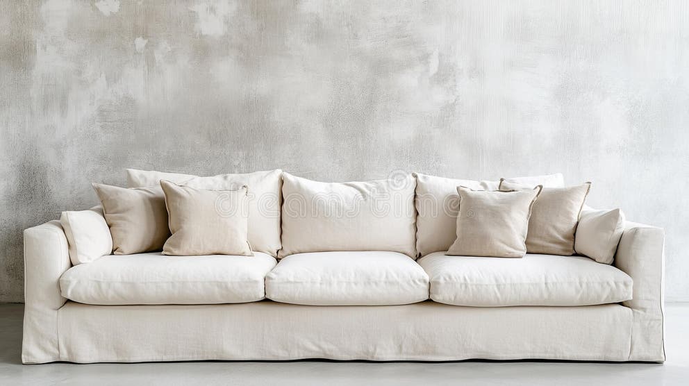 Elegant White Sofa with Cushions & Textured Wall Backdrop Stock ...