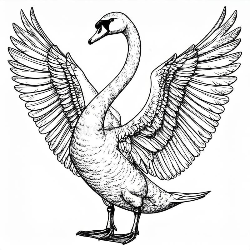 Elegant White Swan with Spread Wings Drawing Stock Illustration ...