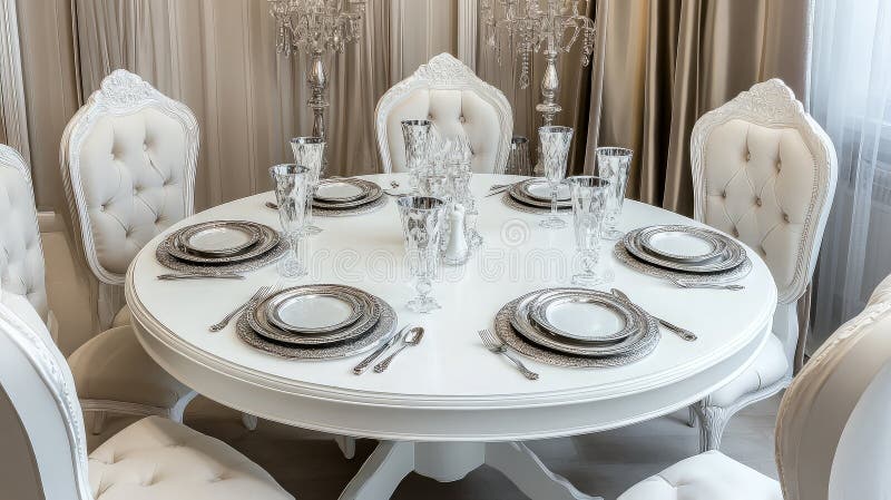 Elegant White Table Setting Stock Image - Image of chairs, interior ...