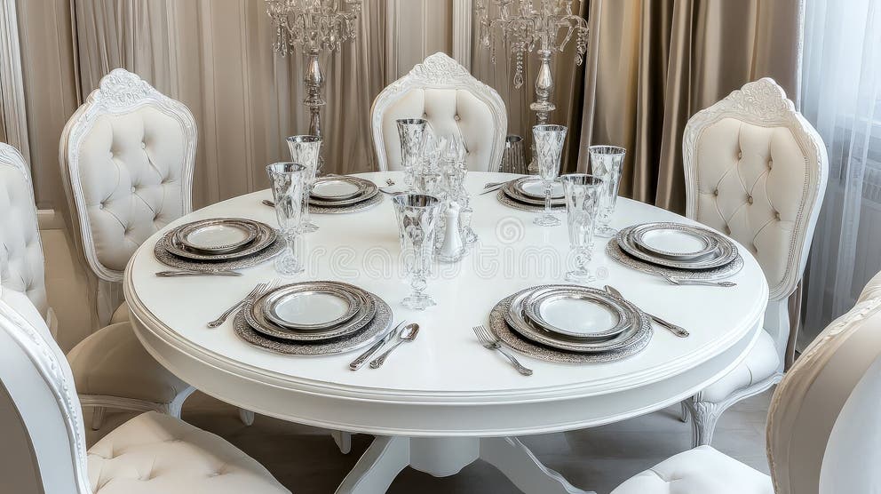 Elegant White Table Setting Stock Image - Image of chairs, interior: 334971995