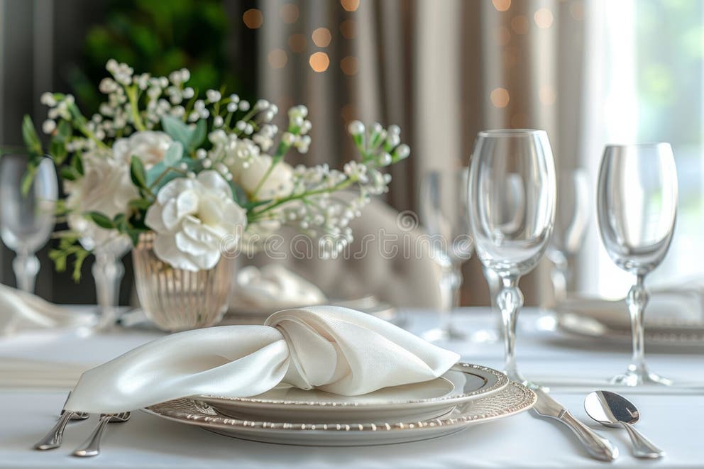 Elegant White Table Setting for Fine Dining Experience Stock Photo - Image of plate, style ...