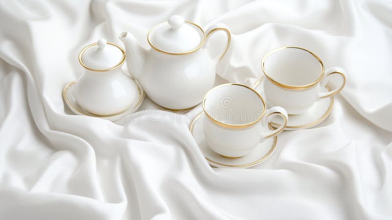 Elegant White Tea Set on Silk, Close-up Stock Photo - Image of life ...