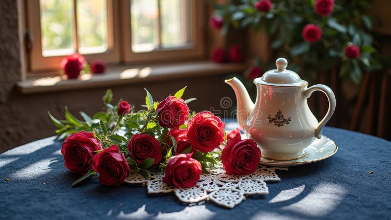 Elegant White Teapot and Red Roses on Blue Velvet Tablecloth by Sunny ...
