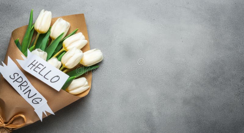Elegant White Tulips Bouquet with Hello Spring Card on Gray Background ...