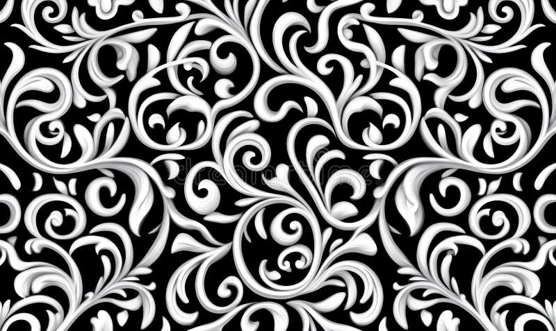 Elegant White Vintage Scroll Pattern on Black Background, Perfect for ...