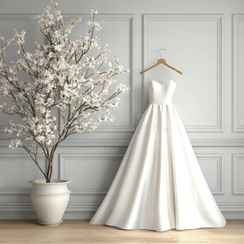 Elegant White Wedding Dress Hanging beside Flowering Tree in Serene ...