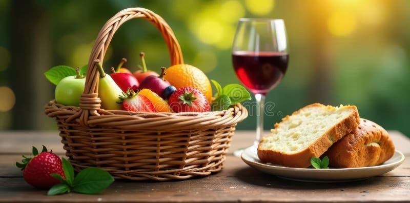 Elegant Wicker Basket, Sliced Fruit Bread, Wine Glass , Fresh, Charming ...