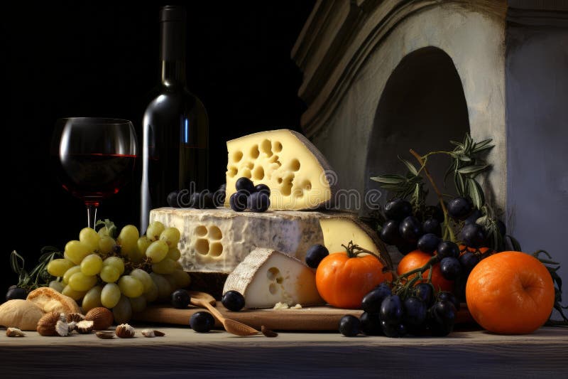 Elegant Wine and Cheese Still Life Stock Image - Image of black, food ...