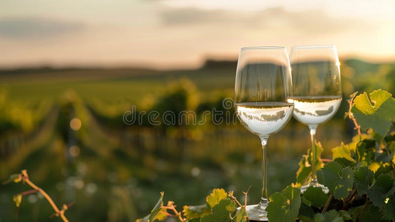 Elegant Wine Glasses with a Vineyard Backdrop Stock Illustration ...