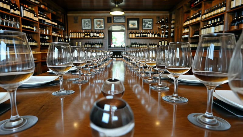 Elegant Wine Tasting Setup in a Rustic Restaurant with an Extensive ...