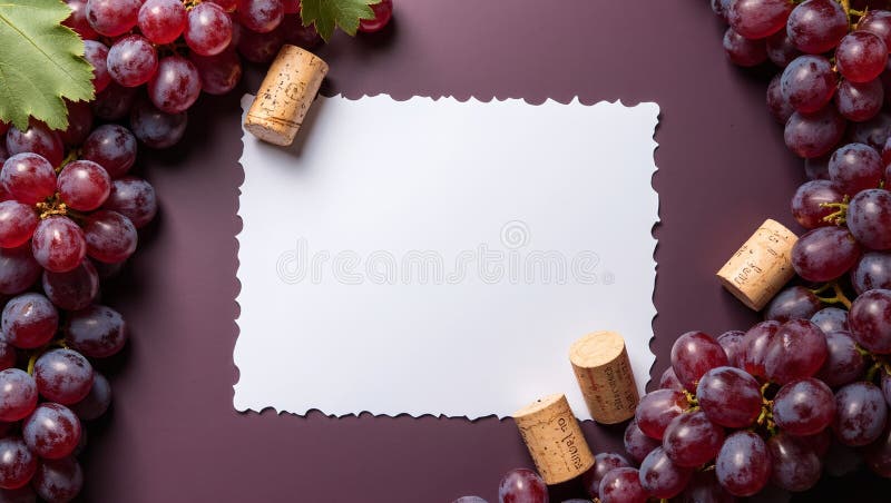 Elegant Wine Themed Background with Grapes and Corks Framing a White ...