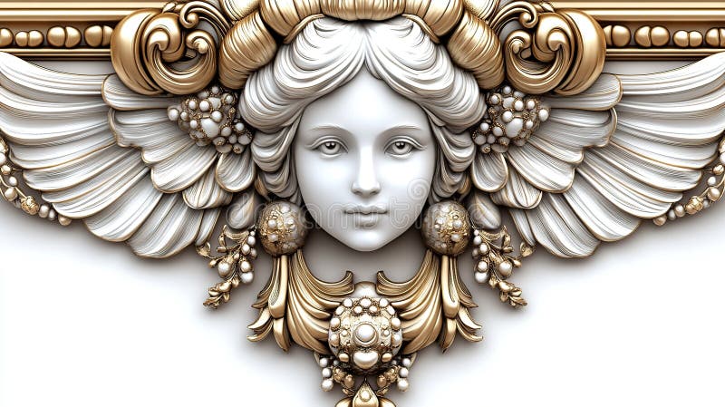 Elegant Winged Cherub Relief, Gold, White, Ornate Background, Interior ...