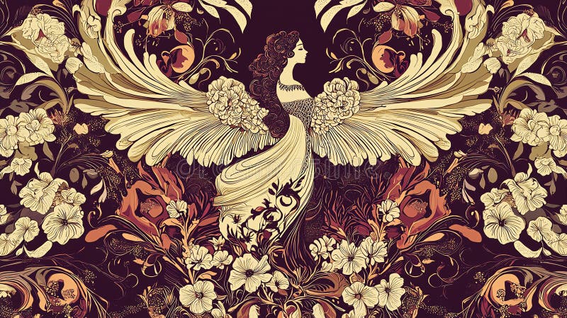 Elegant Winged Figure Amidst Floral Patterns, Vintage Style Stock ...