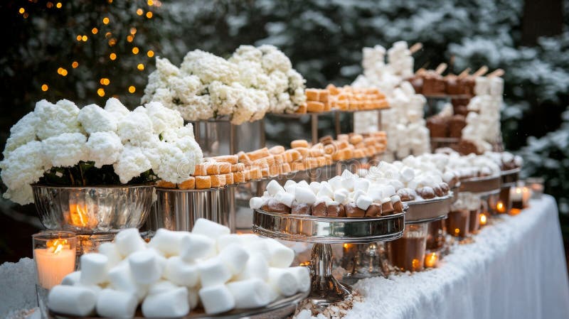 Elegant Winter Dessert Buffet with Marshmallows and Treats Stock ...
