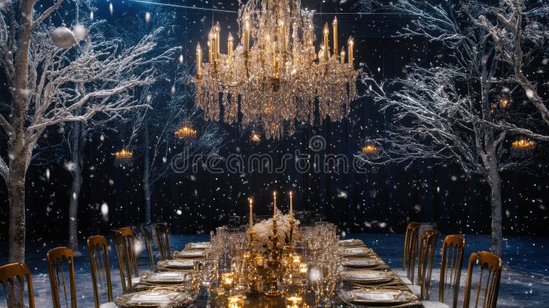 Elegant Winter Dinner Setting with Crystal Chandelier and Snow Effect ...