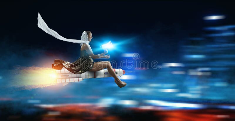Woman on Space Rocket . Mixed Media Stock Image - Image of space ...