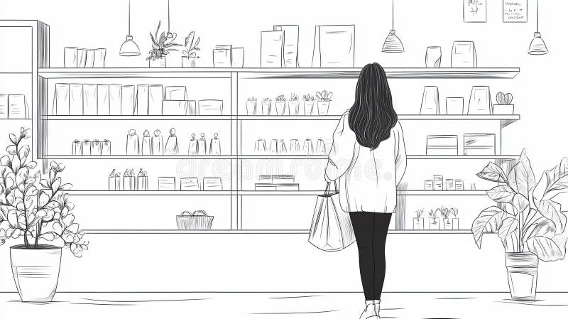 Elegant Woman Shopping in Sophisticated Thin Line Drawing Style Vector ...
