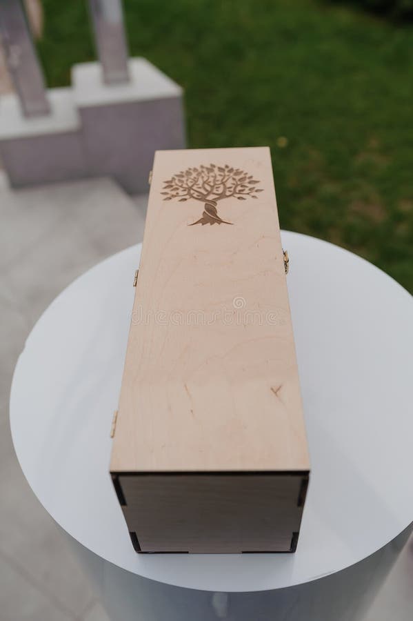 Elegant Wooden Box with Tree of Life Design on a Display Stand Stock ...