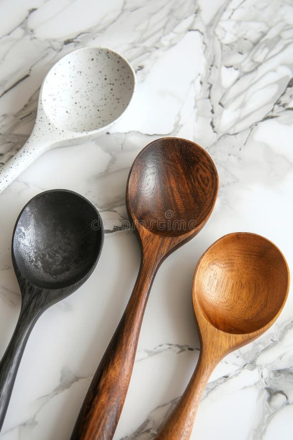 Elegant Wooden and Ceramic Spoons on Marble Background Stock Image ...