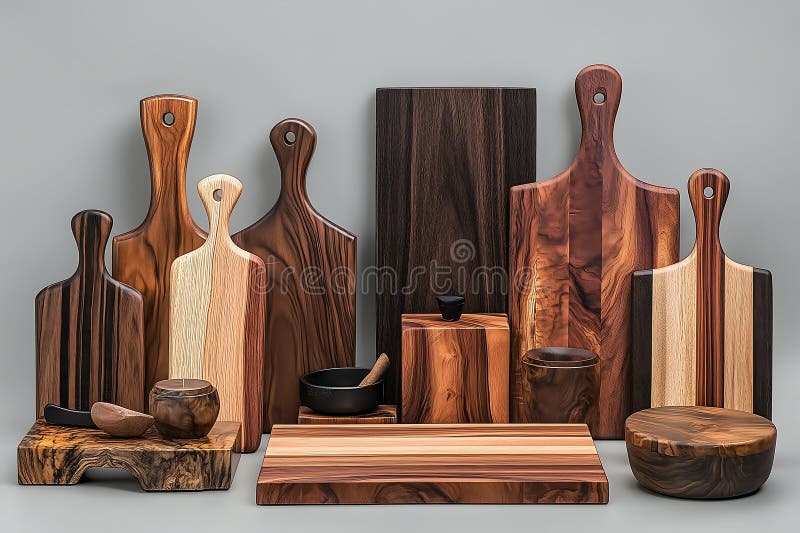 Elegant Wooden Cutting Boards and Kitchen Utensils Display Stock ...