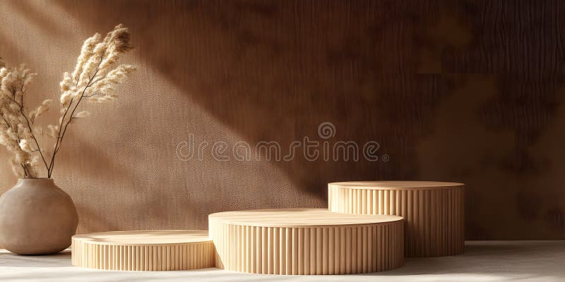 Elegant Wooden Display Platforms with Natural Elements in a Softly Lit ...