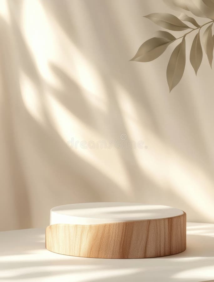 Elegant Wooden Display Stand with Soft Light and Botanical Shadows in a ...