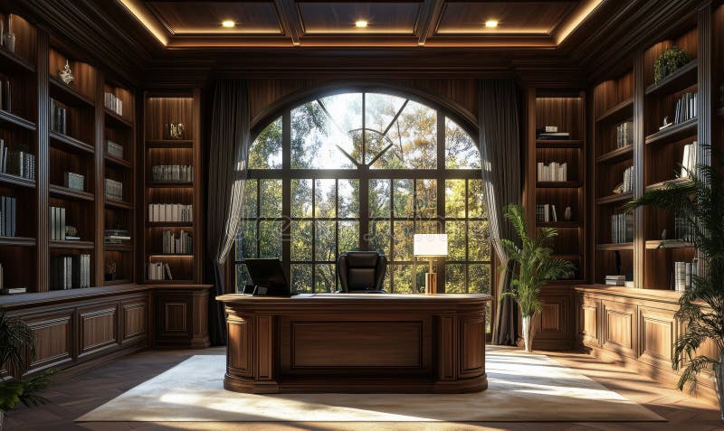 Elegant Wooden Office Interior with Large Windows and Natural Light ...