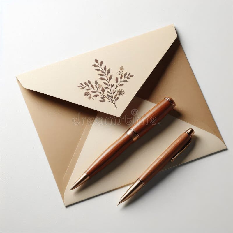 Elegant Wooden Pen Paired with an Envelope, Isolated on a Plain White ...