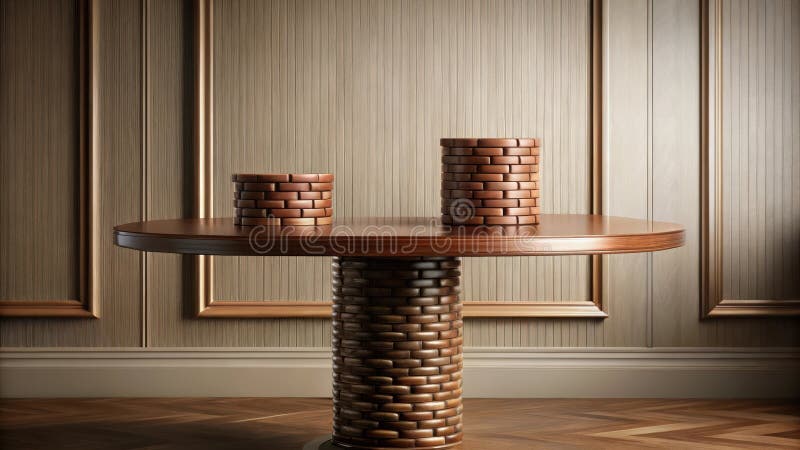 Elegant Wooden Table with Stacked Brick-like Decorative Containers in a ...