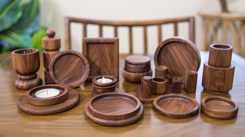 Elegant Wooden Tableware Collection Displayed on Dining Table Stock ...