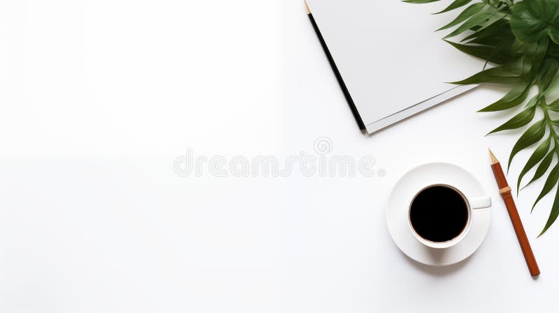 Elegant Workspace with Coffee, Notebook Mockup and Greenery, Ai ...