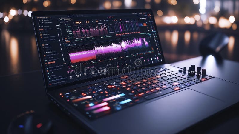 Elegant Workspace Featuring a High-tech Laptop with Vibrant Sound ...