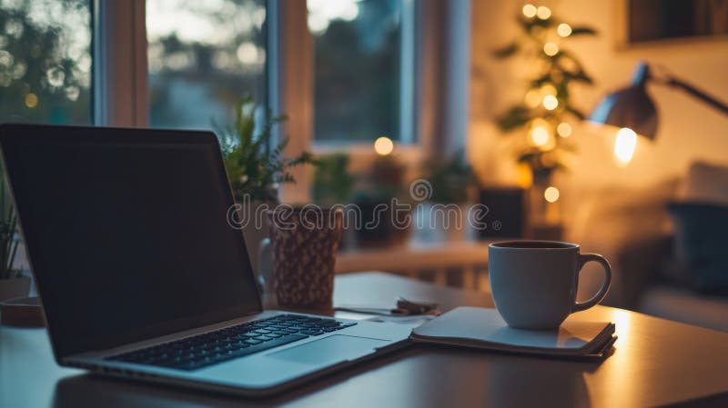 Elegant Workspace with Laptop and Warm Coffee Stock Image - Image of ...