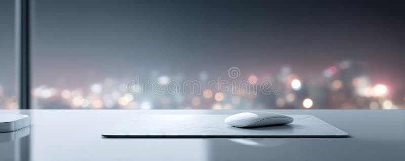 Elegant Workspace Setup with a Sleek Mouse, Pad, and Blurred City ...