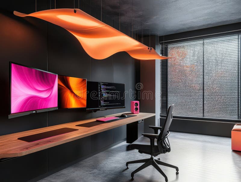 Elegant Workstation with Curvy Light Fixture and Multiple Monitors ...