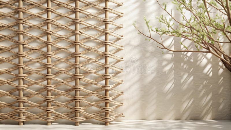 Elegant Woven Rattan Panel Against a Neutral Wall with Subtle Sunlight ...
