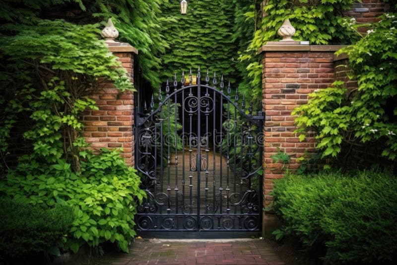 Elegant Wrought Iron Gate in Front of Classic Brick Wall Stock ...