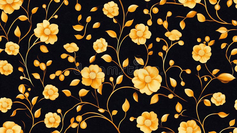 Elegant Yellow Floral Pattern on Black Background Stock Illustration ...