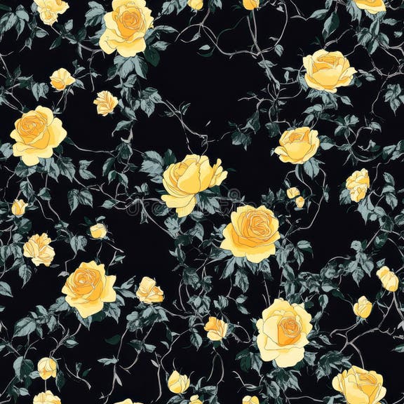 Elegant Yellow Roses Pattern on Black Background. Stock Image - Image ...