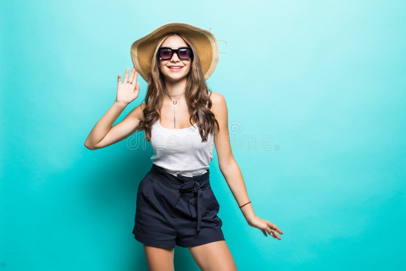 Elegant Young Attractive Woman Wearing Summer Clothes Straw Hat And