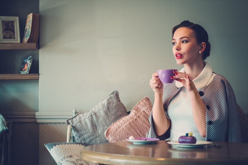 Elegant Young Lady Alone in a Cafe Stock Photo - Image of elegant ...