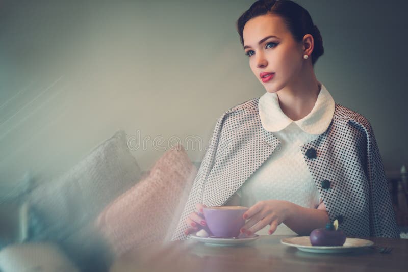Elegant Young Lady Alone in a Cafe Stock Image - Image of dinner, adult ...