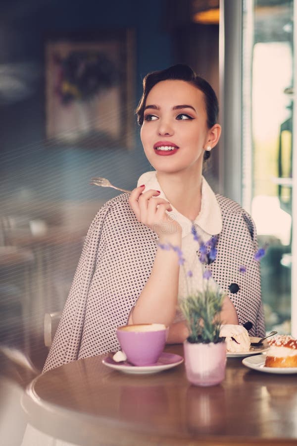 Elegant Young Lady Alone in a Cafe Stock Photo - Image of coffee, adult ...
