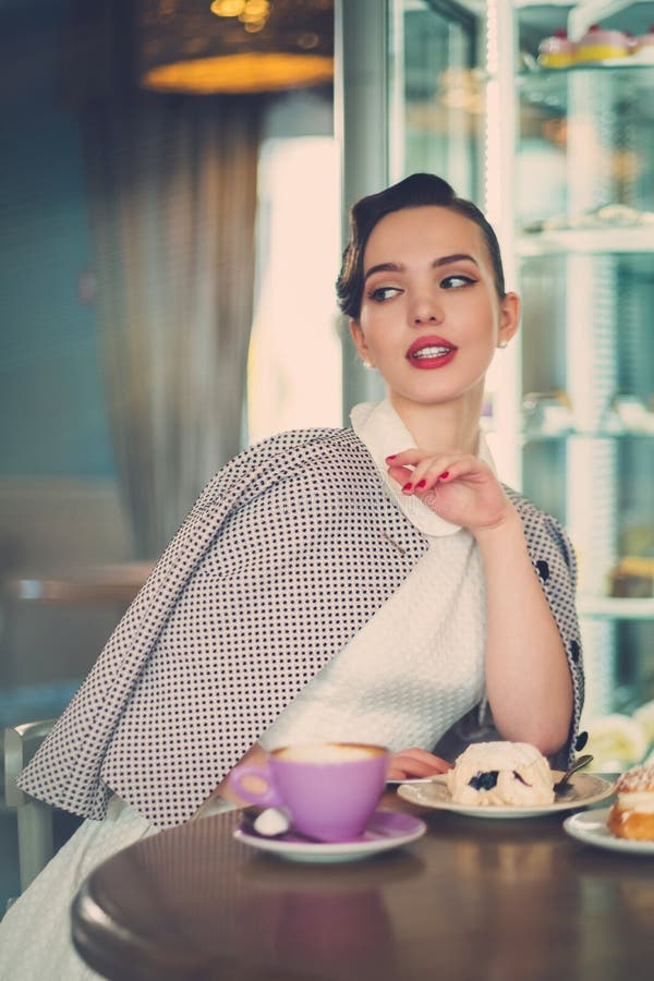 Elegant Young Lady Alone in a Cafe Stock Image - Image of date, coffee ...