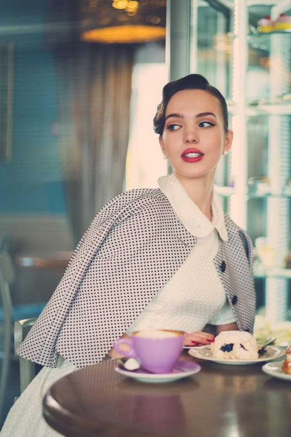 Elegant Young Lady Alone in a Cafe Stock Photo - Image of dating, drink ...