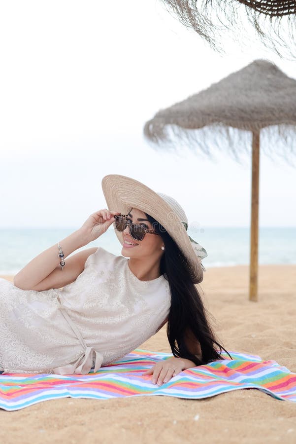 Elegant Young Pretty Lady Lying Beach Towel Stock Photos - Free ...