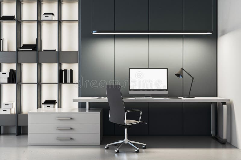 Elegantly Arranged Home Office with Bright Screen, Minimalist Design ...