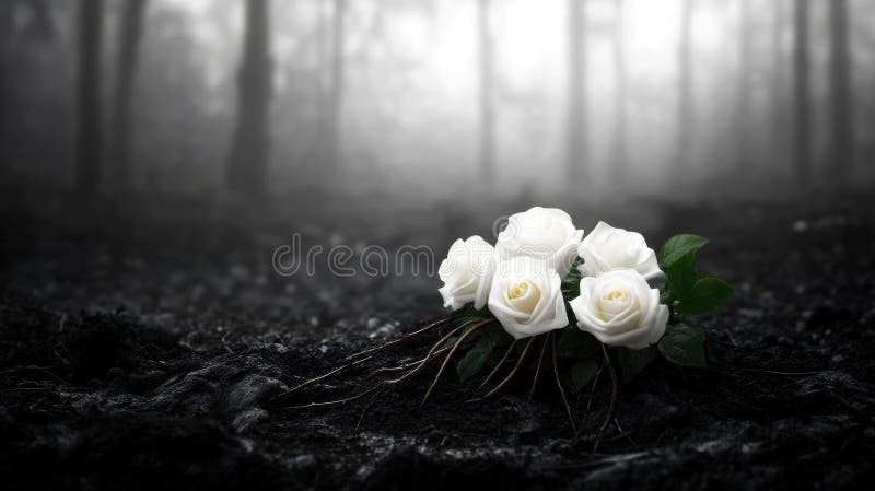 Elegantly Arranged White Roses on a Grave in a Misty Forest Setting ...